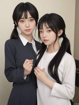 2个女孩，长发，双尾巴，JK - Fine AI 创作平台