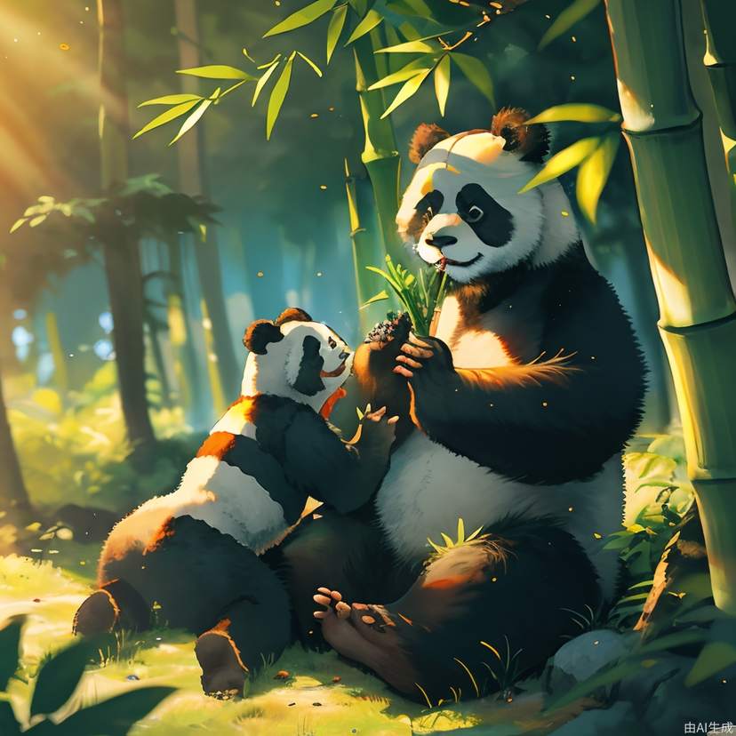 two giant pandas, eating bamboo, in the forest, a little - Fine AI 创作平台
